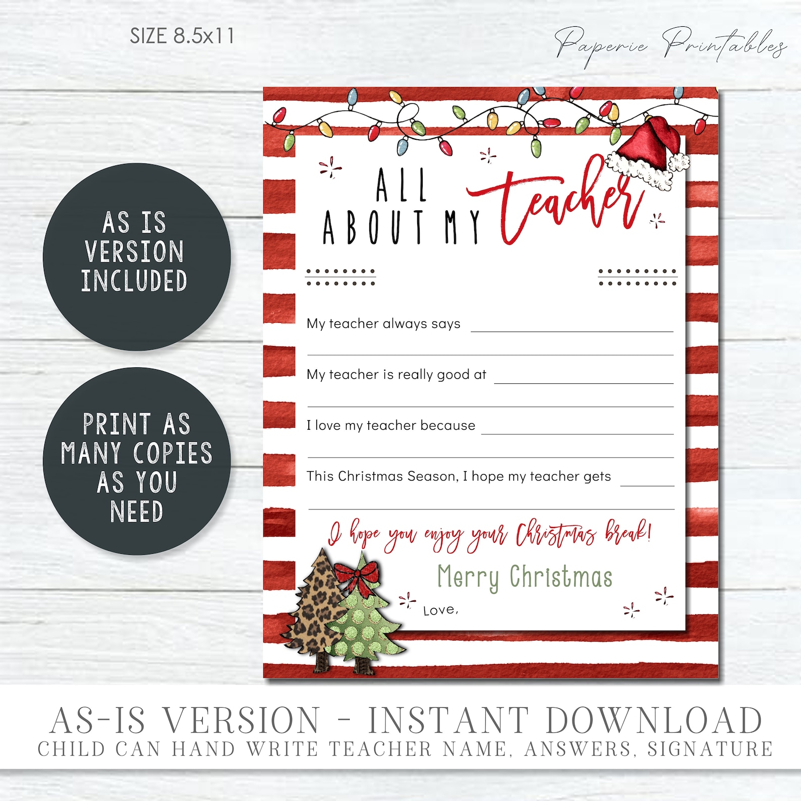 EDITABLE Teacher Holiday Gift All About My Teacher Christmas - Etsy