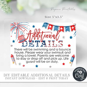 Editable 4th of July Birthday Insert Cards, Additional Details Template ...