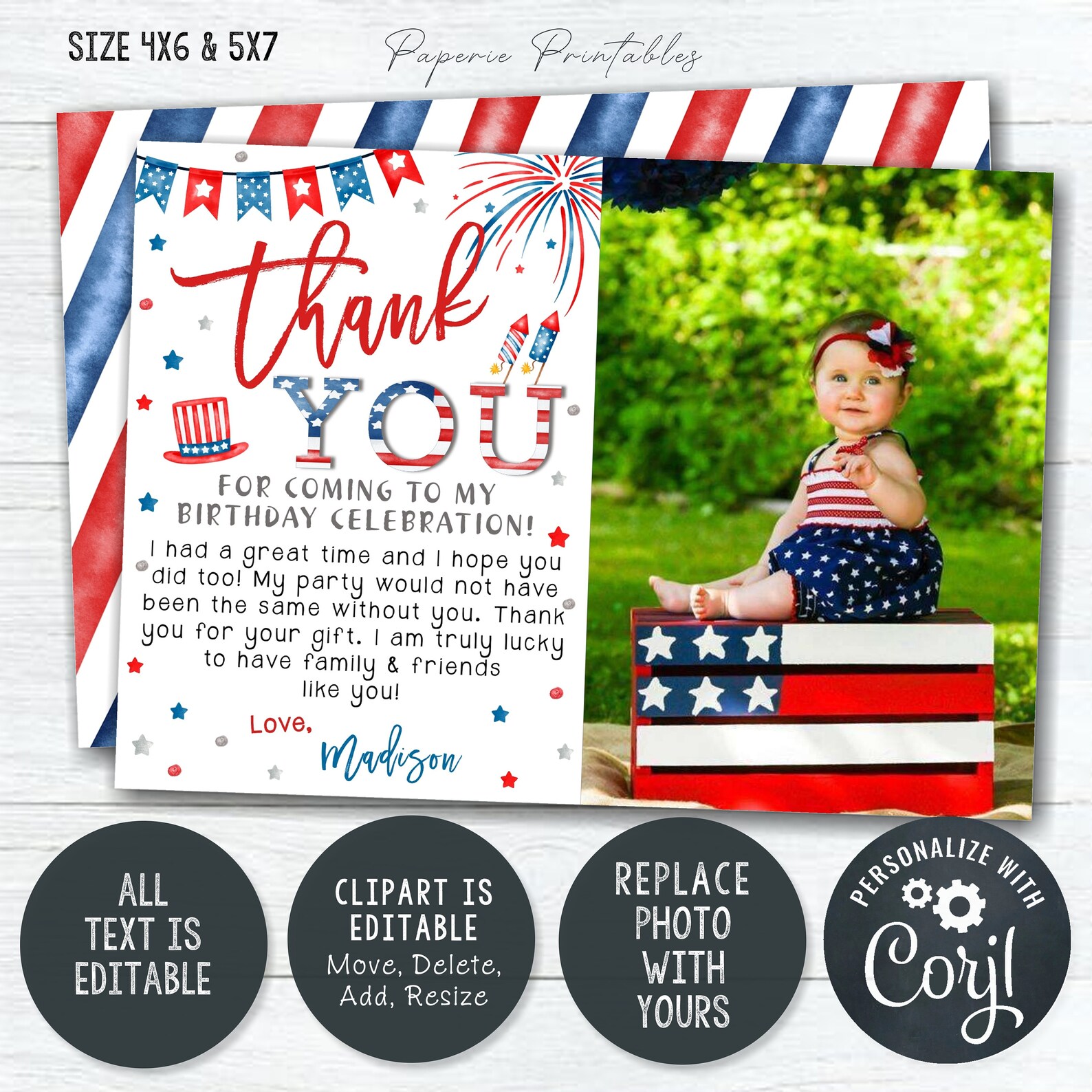 EDITABLE 4th of July Birthday Thank You Card Patriotic Thank You ...