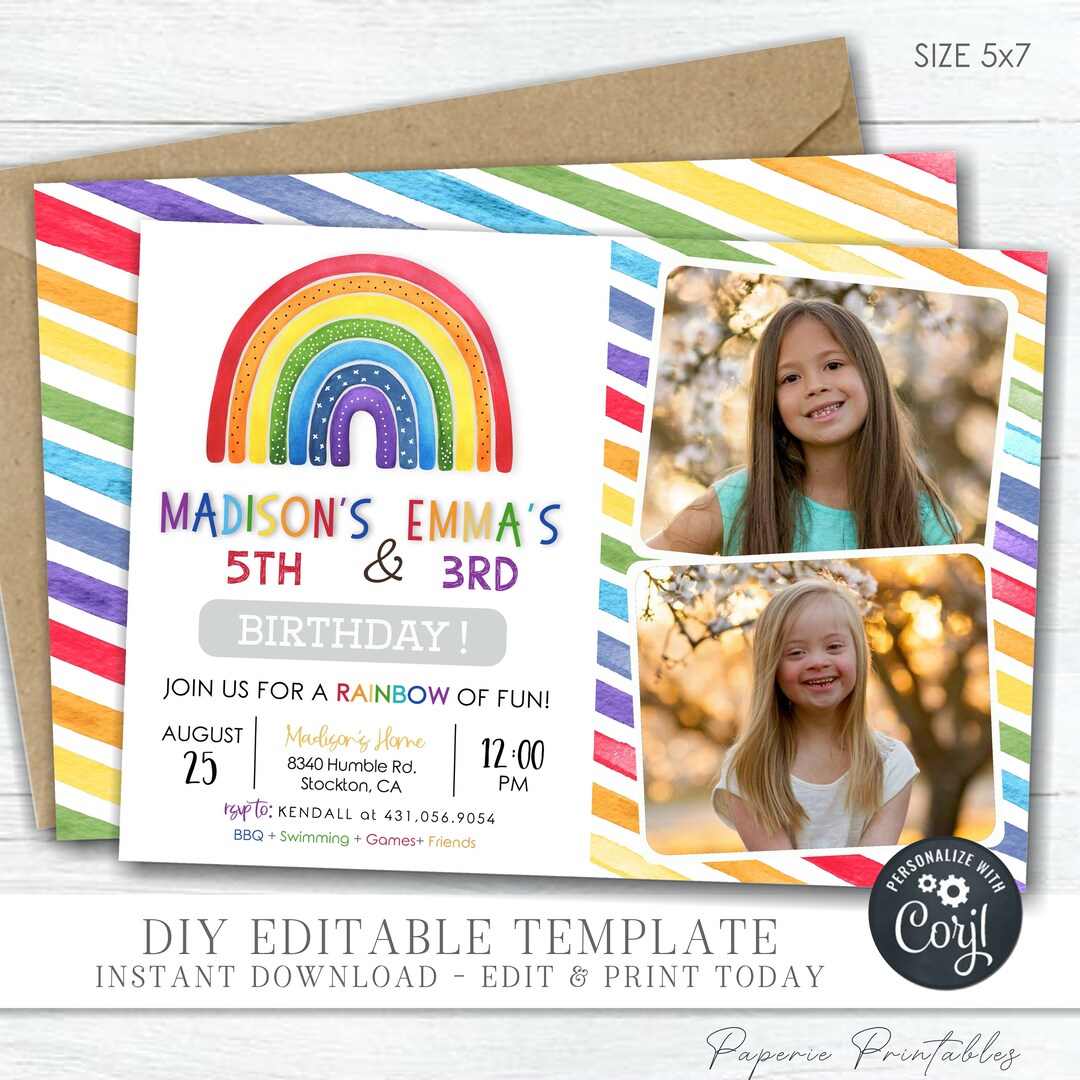EDITABLE Rainbow Birthday Invitation, Siblings Rainbow Invitation ...