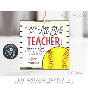 EDITABLE Teacher Appreciation Gift Tag, Softball Teacher Appreciation ...