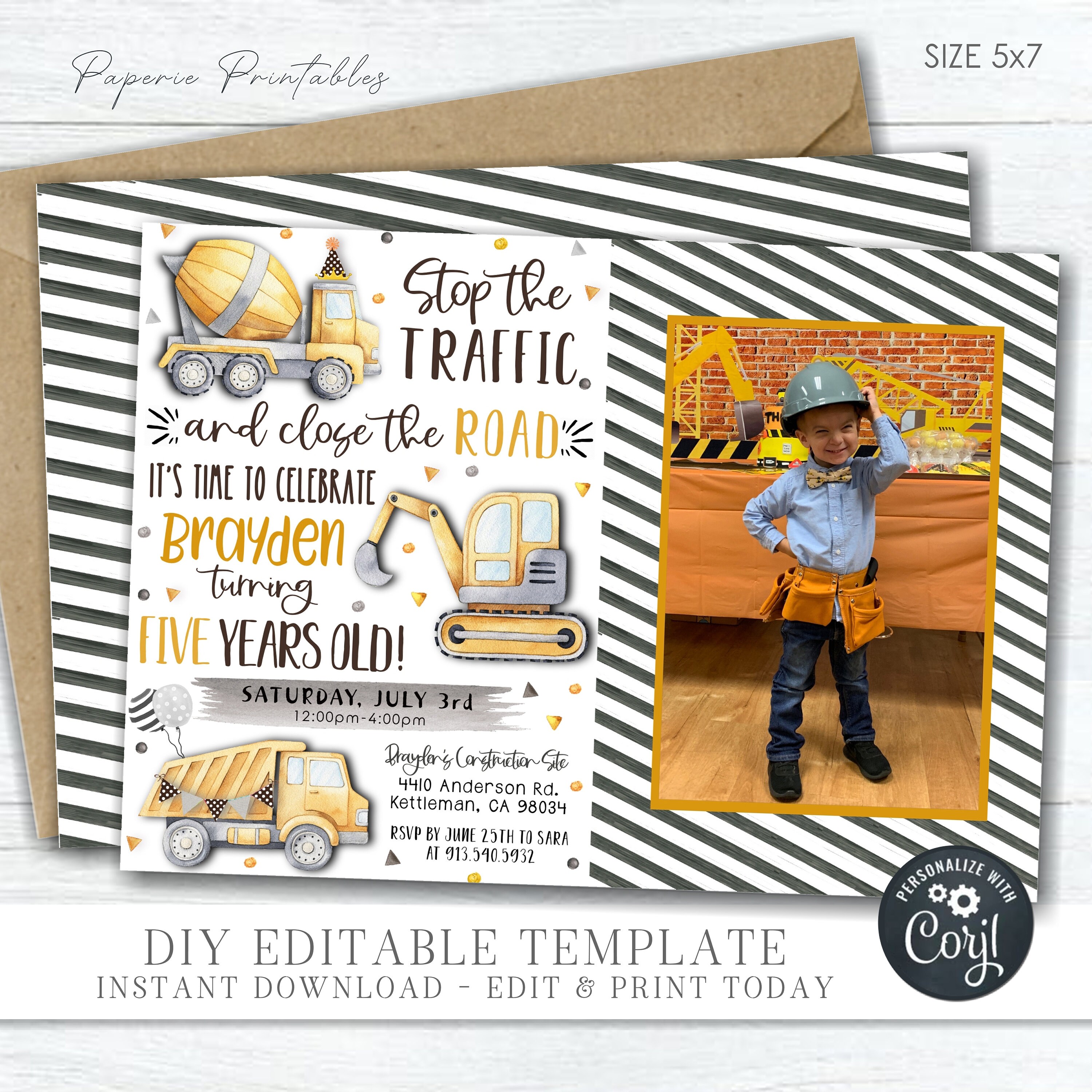 EDITABLE Construction Birthday Invitation Construction - Etsy
