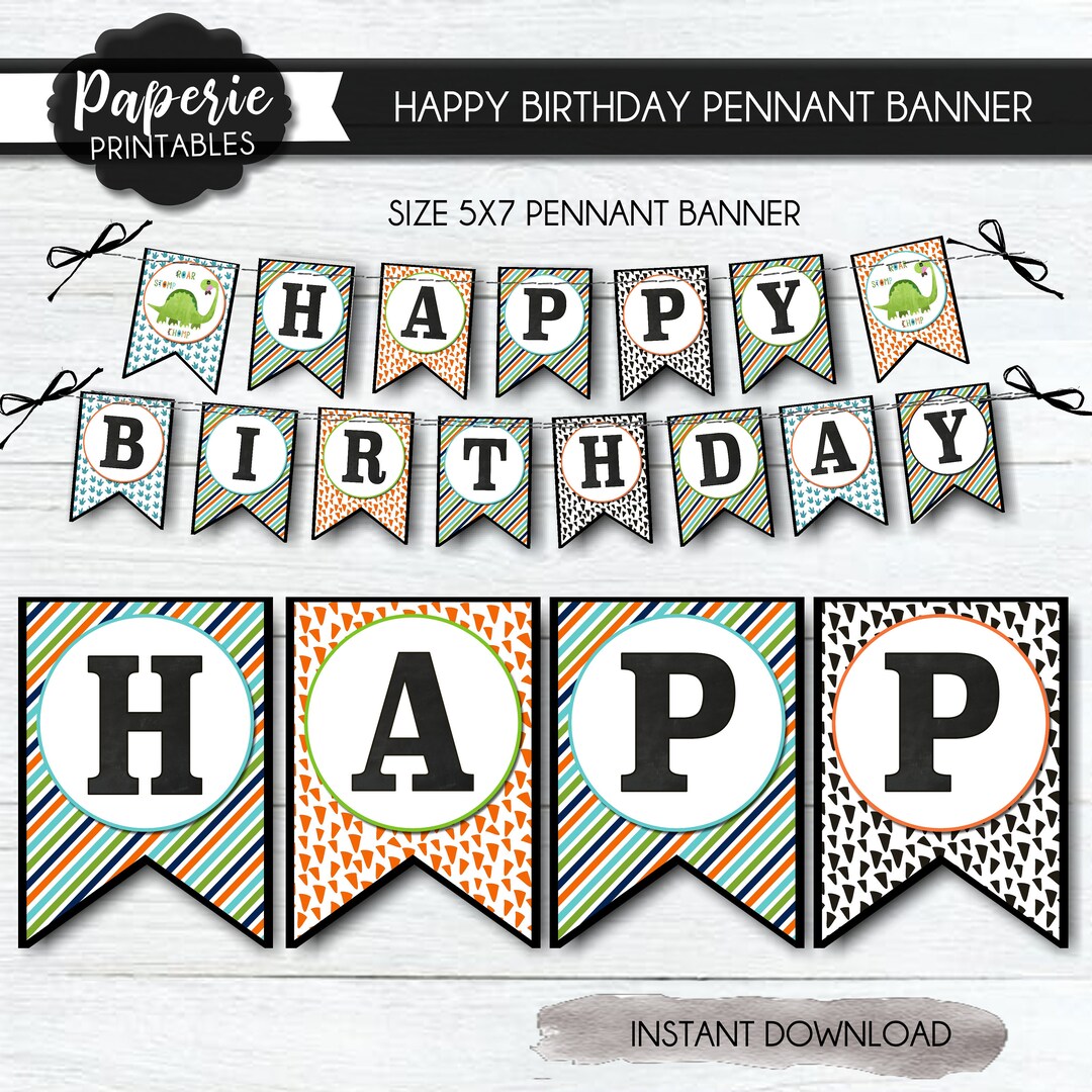 Boy Dinosaur Happy Birthday Banner - Dinosaur Pennant Banner - Happy ...