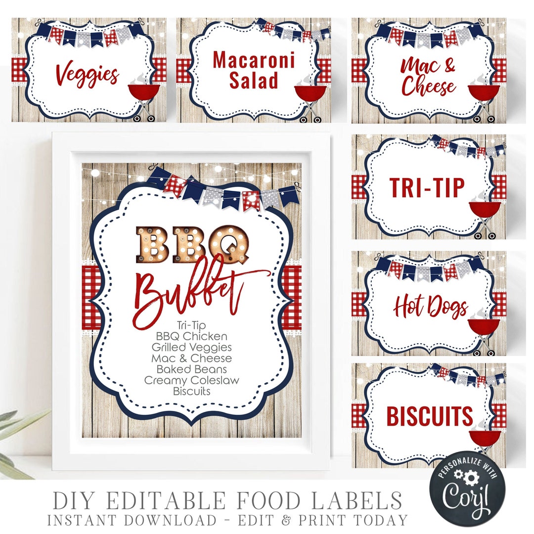 Editable Summer BBQ Food Labels and Table Sign (digital Download) # ...