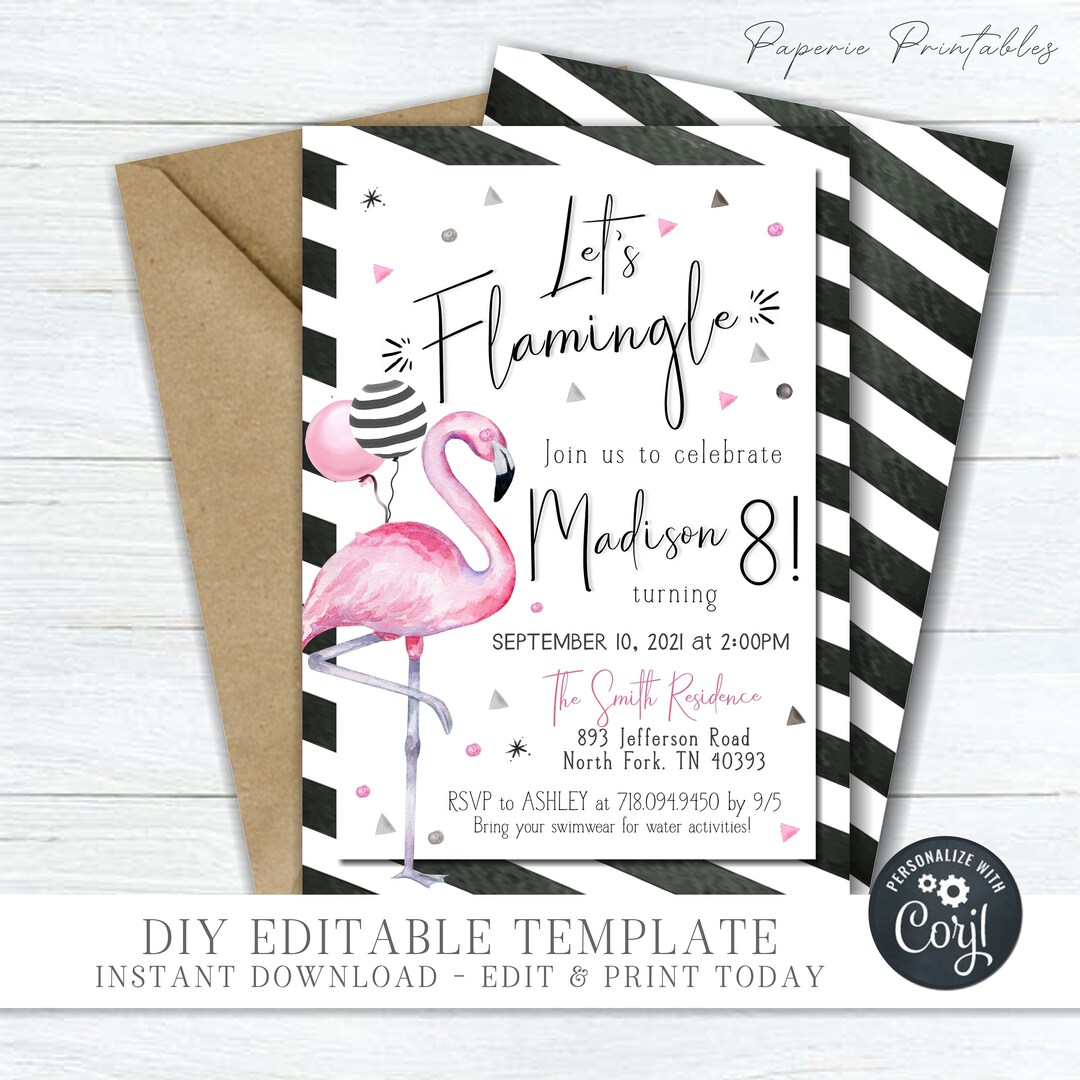 Editable Flamingo Birthday Invitation: Let's Flamingle Party (digital ...