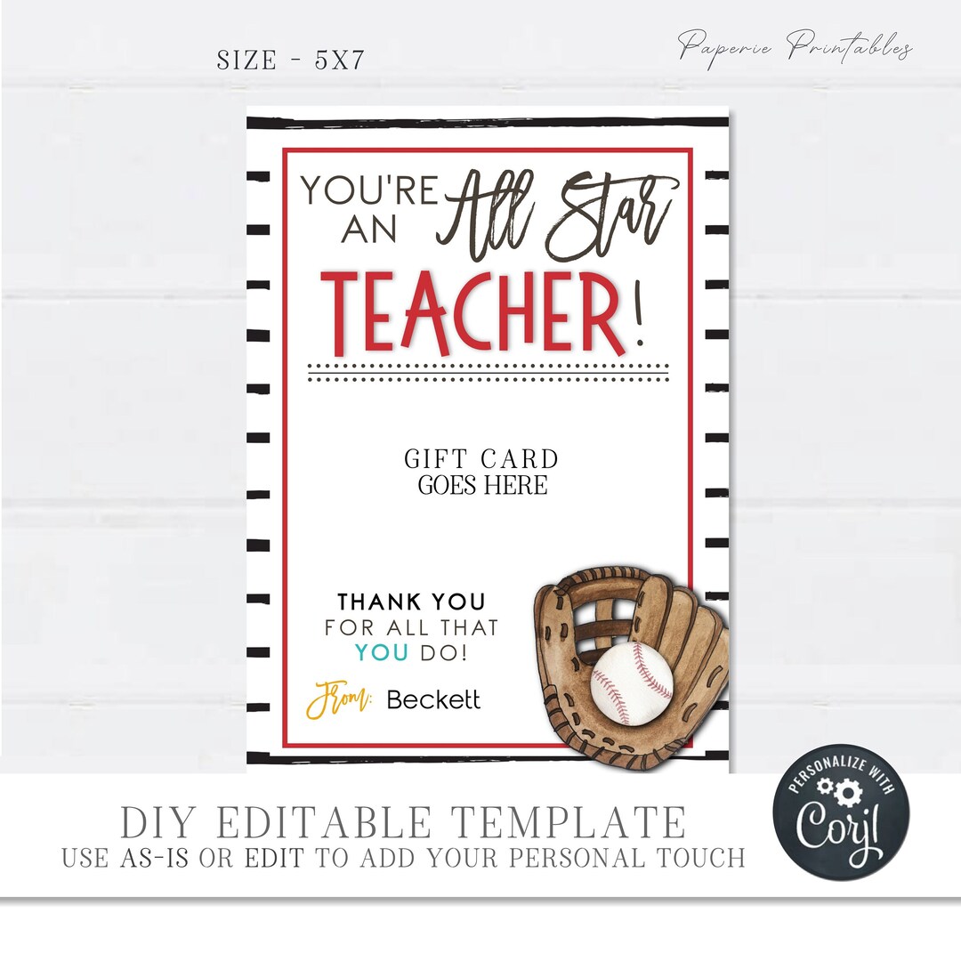 Baseball Teacher Appreciation Gift Card Holder: Editable All Star ...
