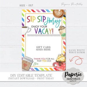 Editable Teacher Appreciation Gift Card Holder: Sip Sip Hooray (DIY ...