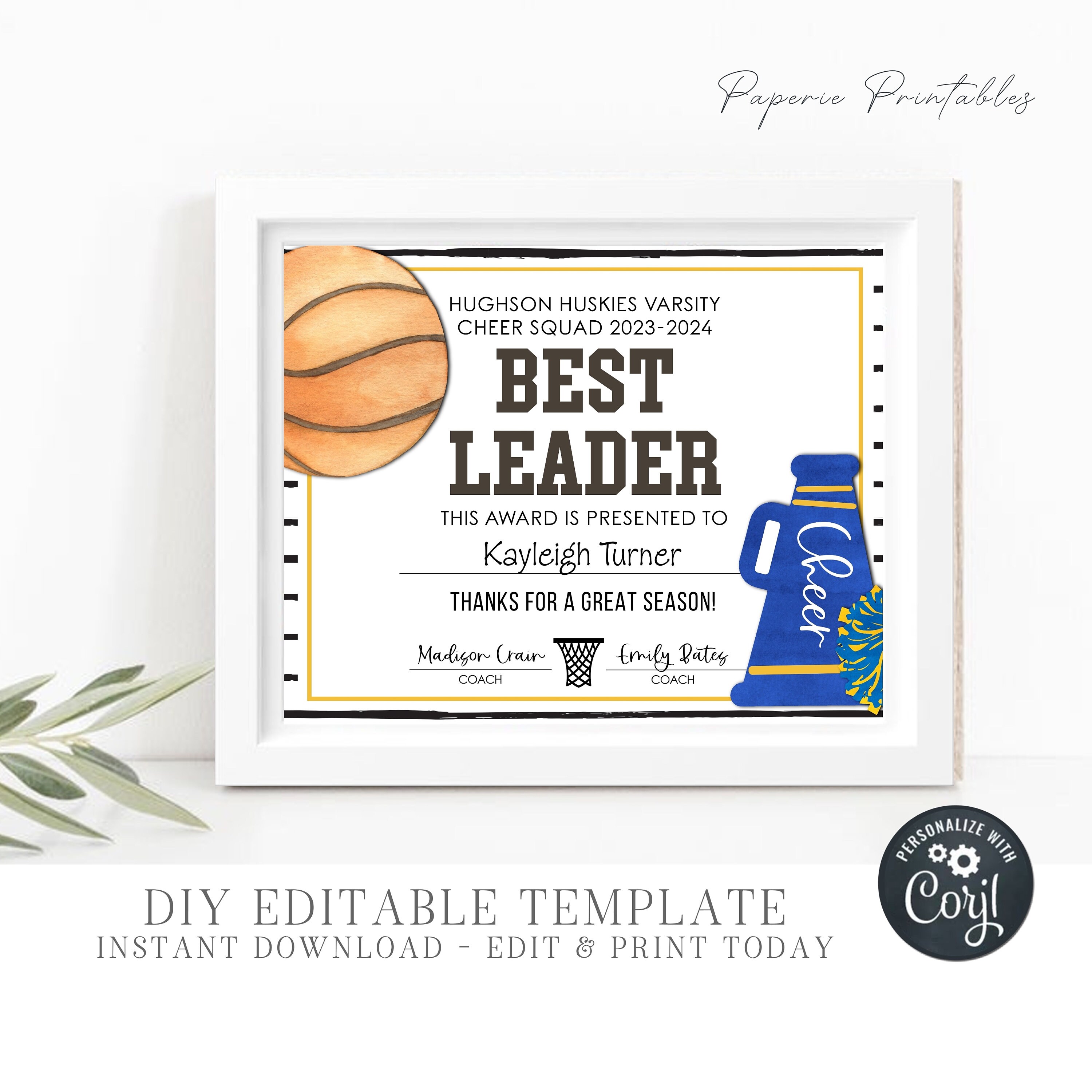 Editable Cheerleading Award Certificate: Blue & Yellow Team (DIY Corjl ...