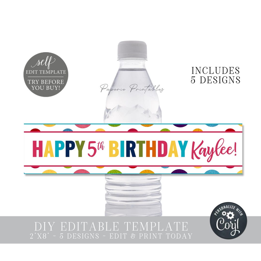 Editable Birthday Water Bottle Labels: Primary Colors (DIY Digital ...