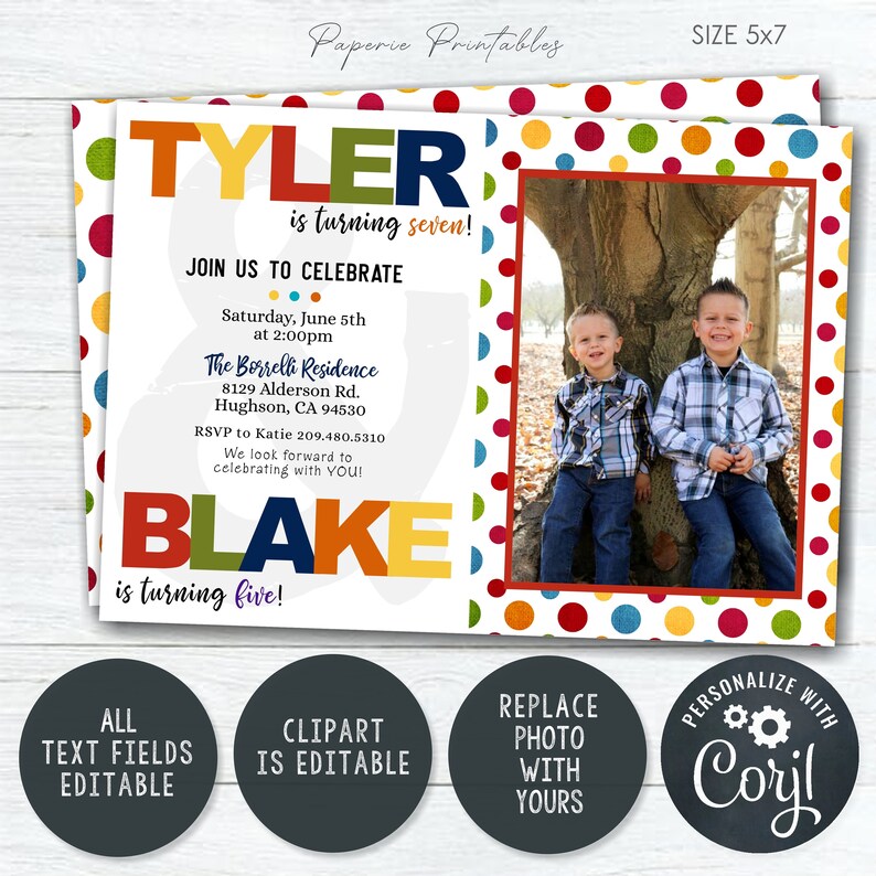 Editable Siblings Birthday Invitation: Joint Party Invite (digital ...