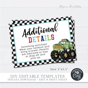 Editable Monster Truck Birthday Insert Cards, Additional Details ...