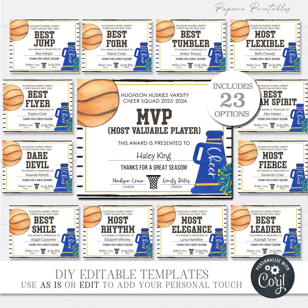 Editable Cheerleading Award Certificate: Blue & Yellow Team (DIY Corjl ...