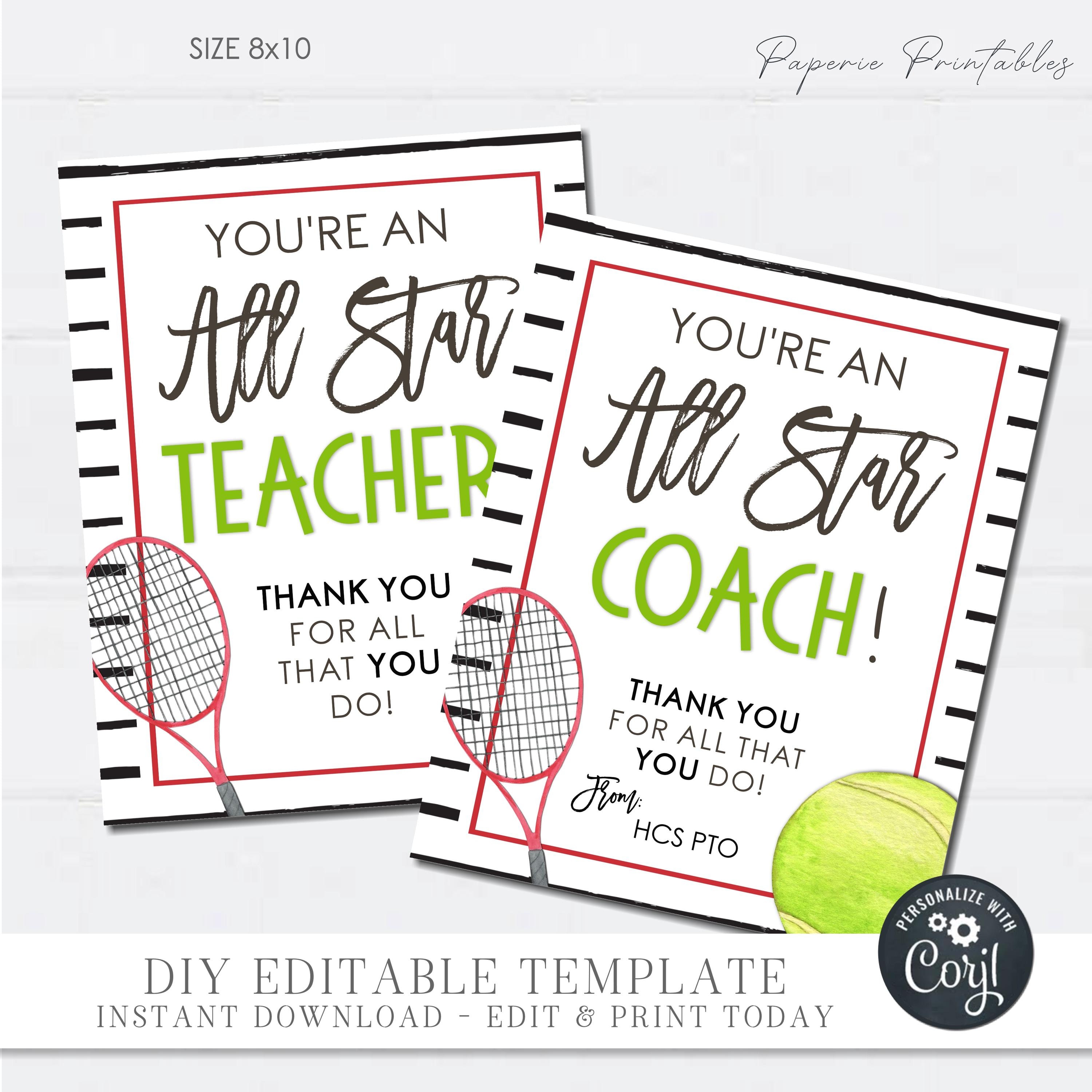 Editable Tennis Appreciation Sign: Teacher or Coach Gift (digital ...