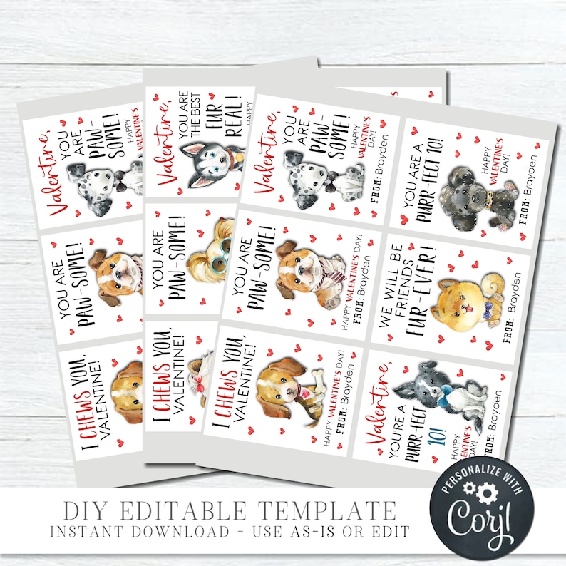 EDITABLE Puppy Valentine Cards Dog Valentine Cards School - Etsy