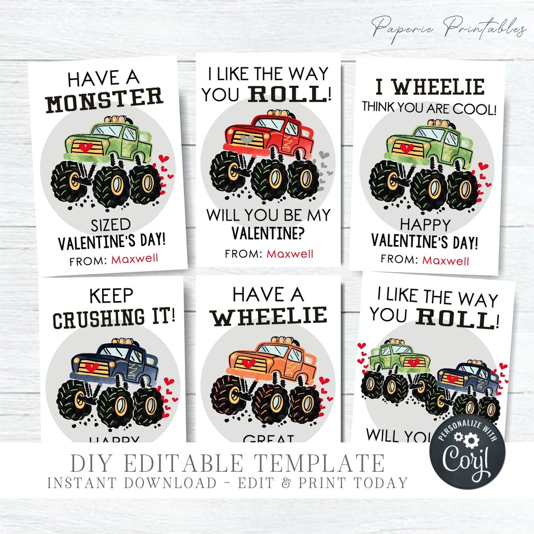 Monster Truck Valentine Cards: Editable Kids' School Tags (digital ...