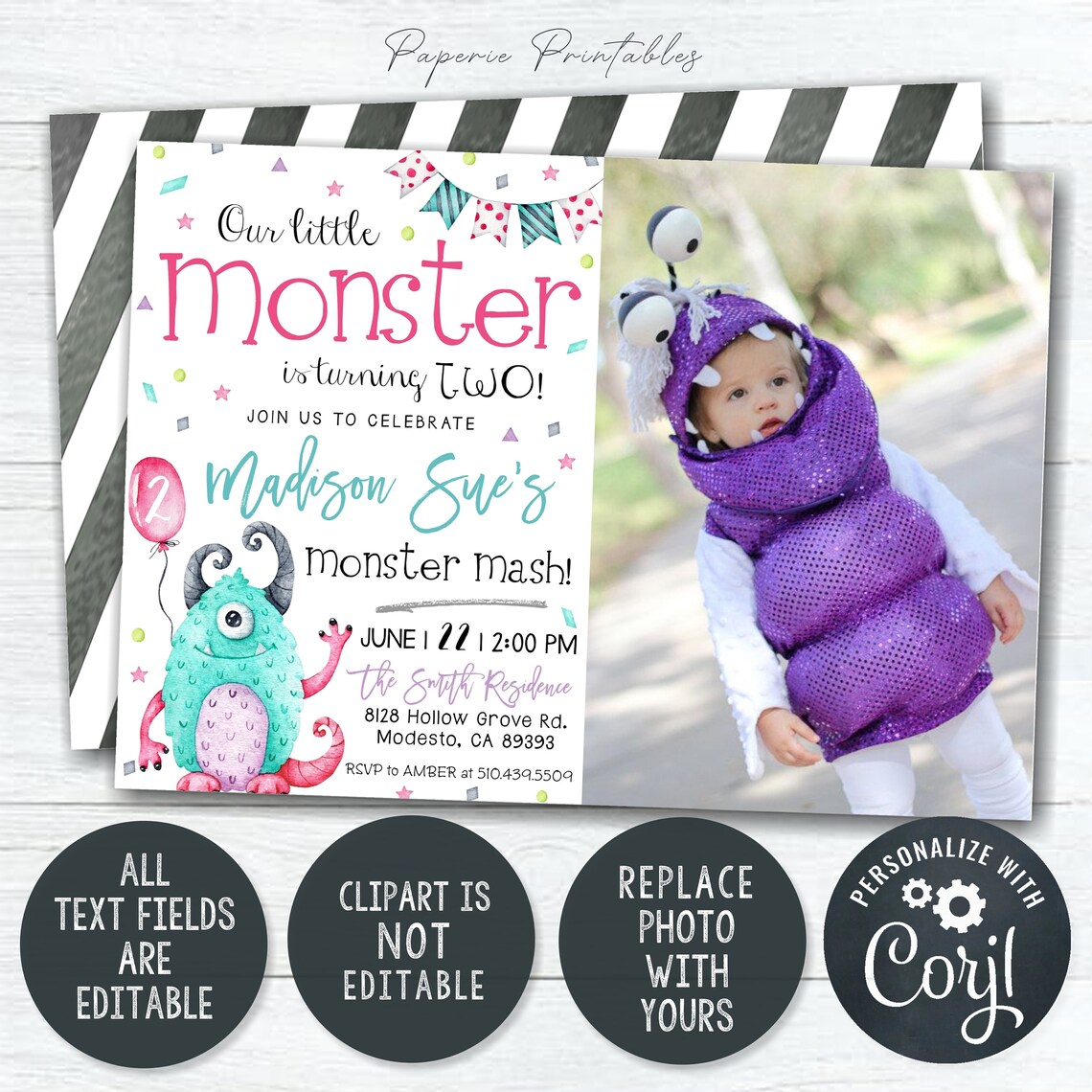 EDITABLE Little Monster Birthday Invitation Cute Monster - Etsy
