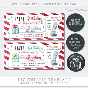 EDITABLE Snowboarding Lessons Gift Voucher, Birthday Gift Coupon ...