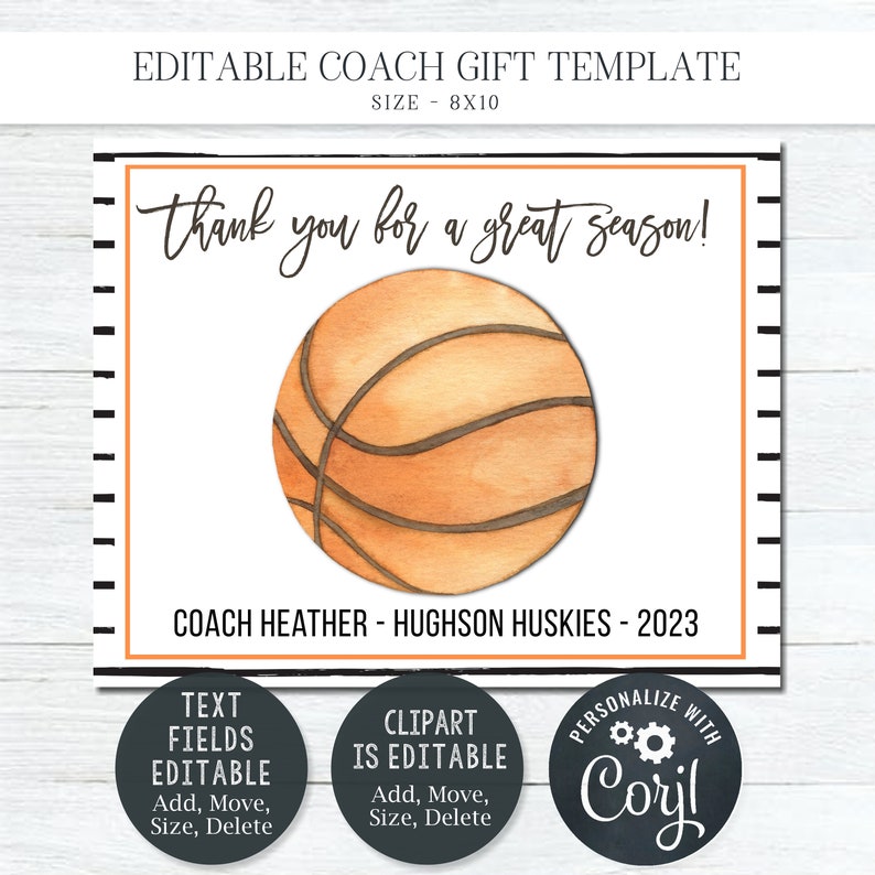 Editable Basketball Coach Gift Printable: Team Appreciation (DIY Corjl ...