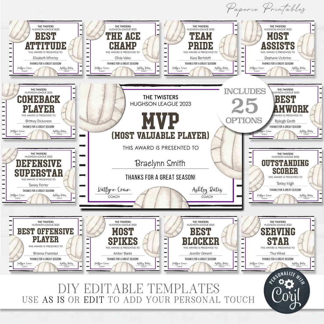 Editable Volleyball Award Certificates: Team Party Printables (DIY W ...