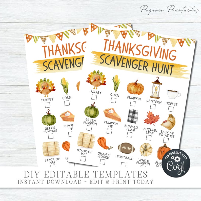 EDITABLE Thanksgiving Scavenger Hunt Kids Thanksgiving Game | Etsy