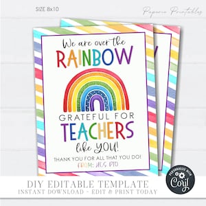 Rainbow Teacher Appreciation Sign: Editable Thank You Gift (digital ...