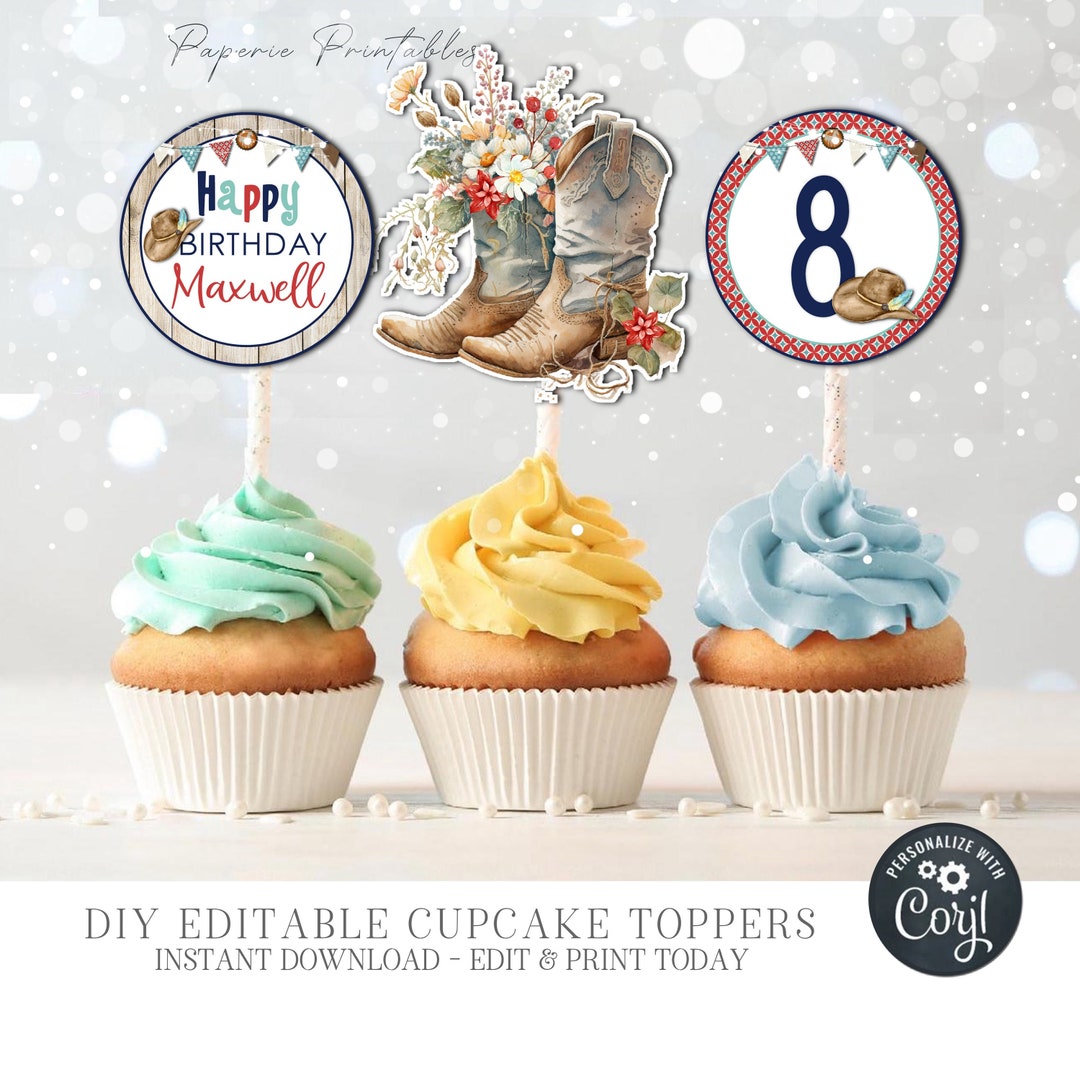 Editable Cowboy Birthday Cupcake Toppers: Western Party Decor (DIY ...