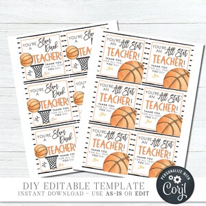 Basketball Teacher Appreciation Gift Tag: Editable Thank You (digital ...
