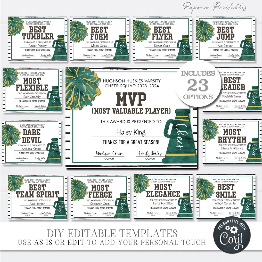 Editable Cheerleading Awards: Green & Gold Team Certificate (DIY W ...