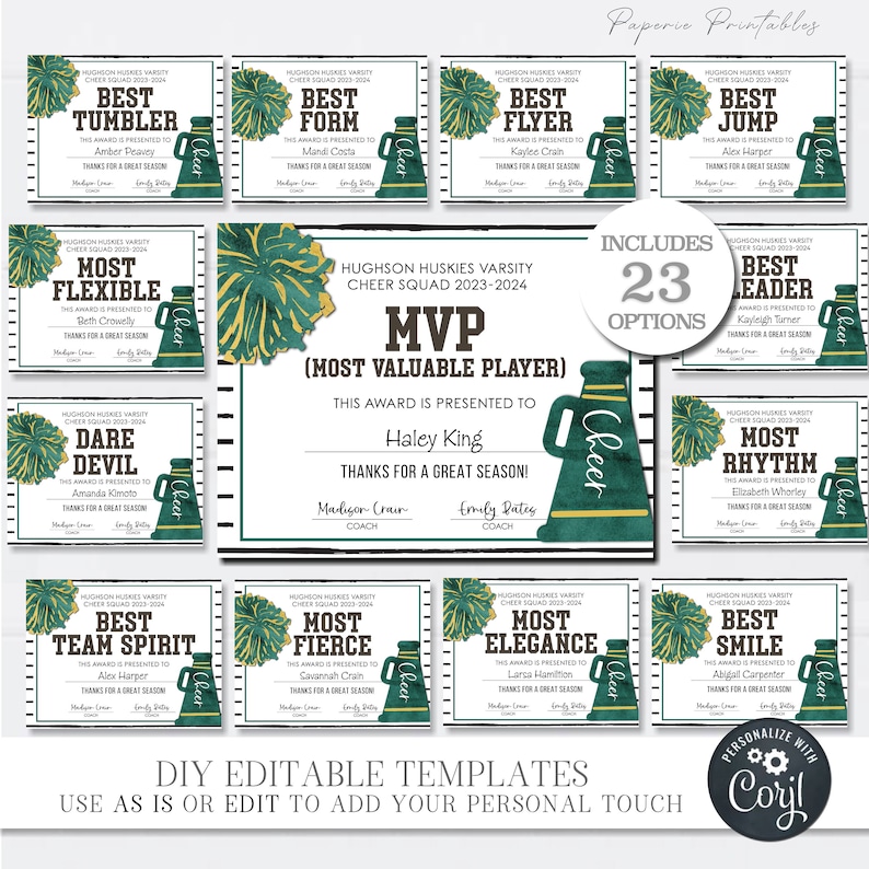 Editable Cheerleading Awards: Green & Gold Team Certificate (DIY W ...