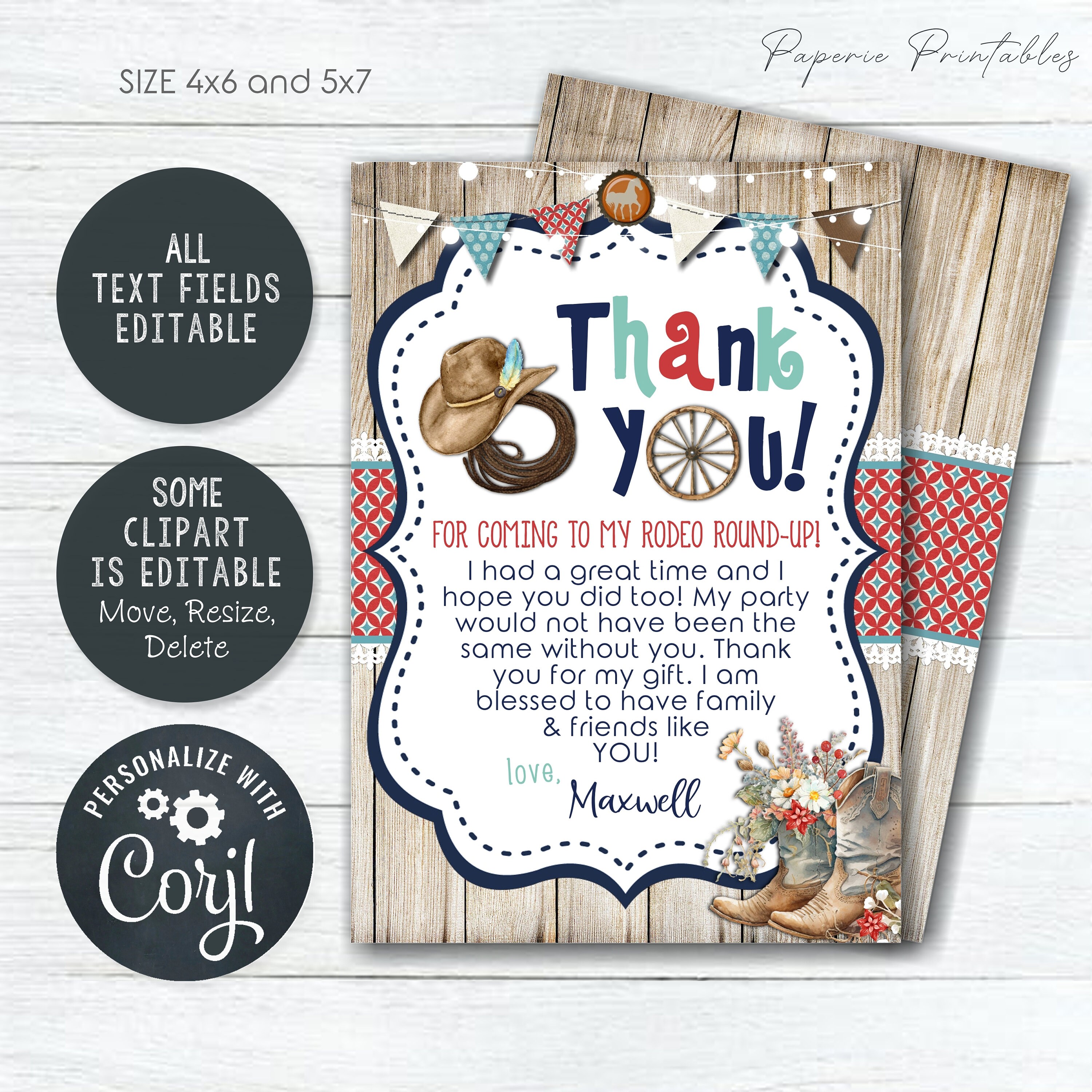 Editable Cowboy Birthday Thank You Card: Western Theme (DIY With Corjl ...