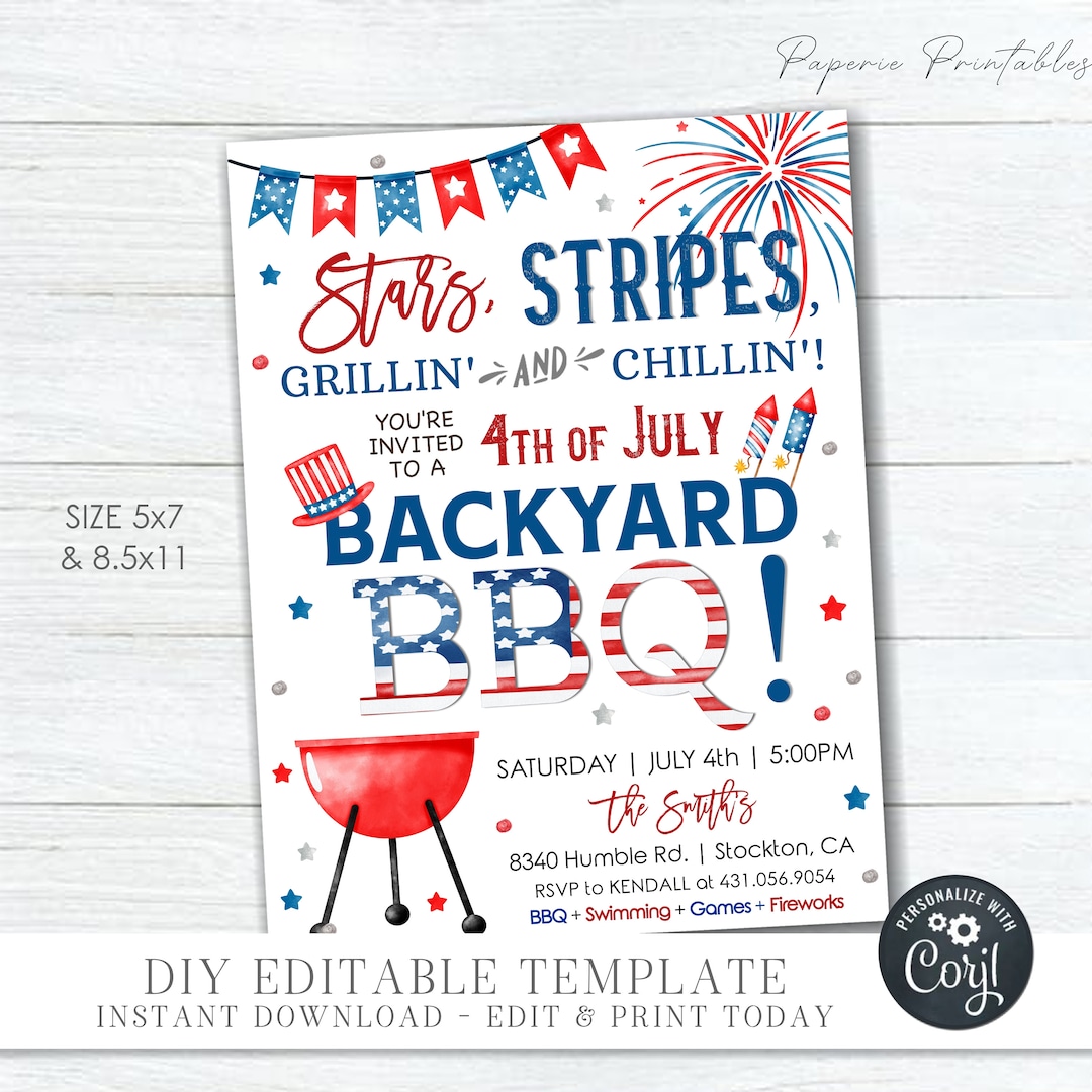 EDITABLE 4th of July Invitation - 4th of July BBQ Invitation - Editable ...