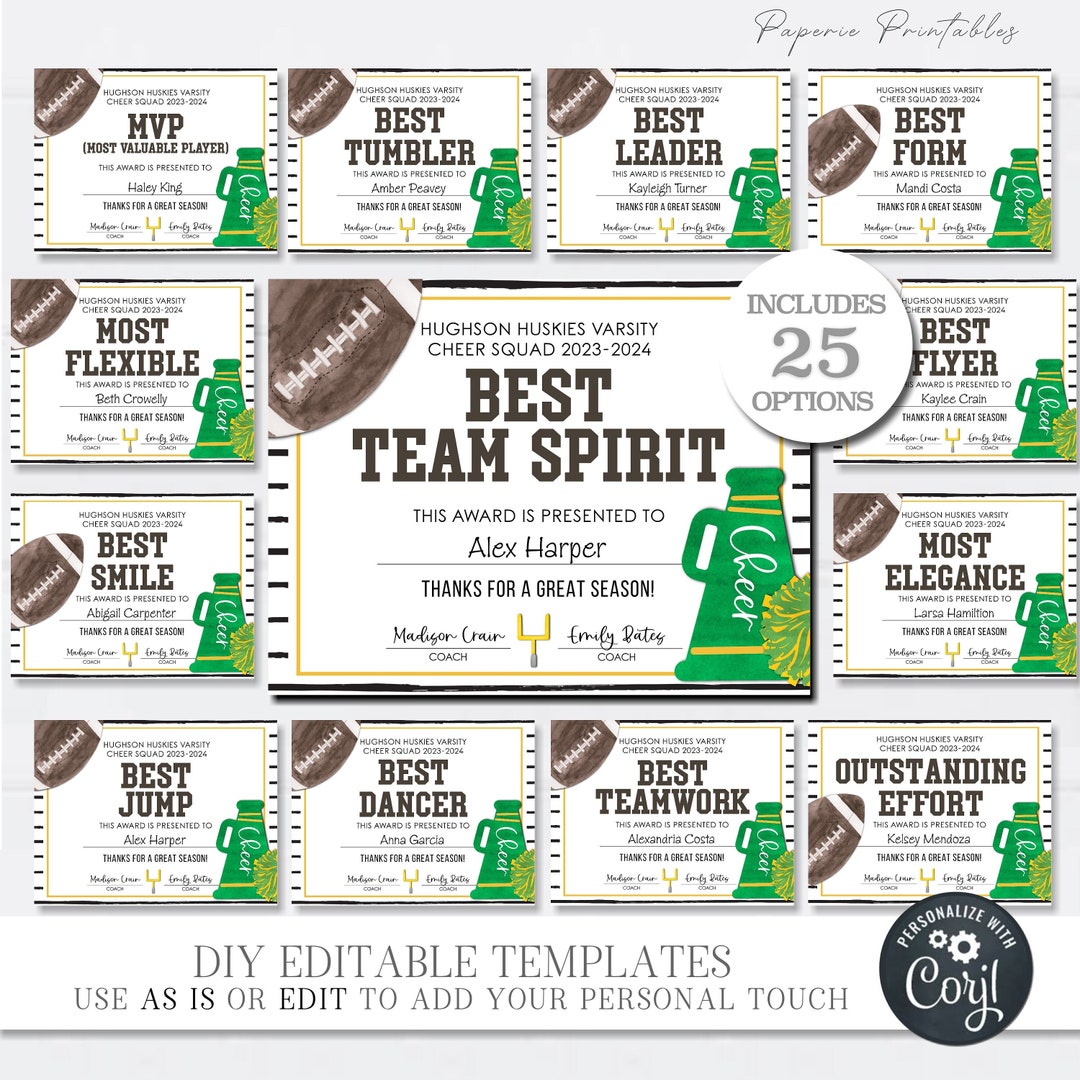 Editable Cheerleading Award Template: Green & Yellow End of Season (DIY ...