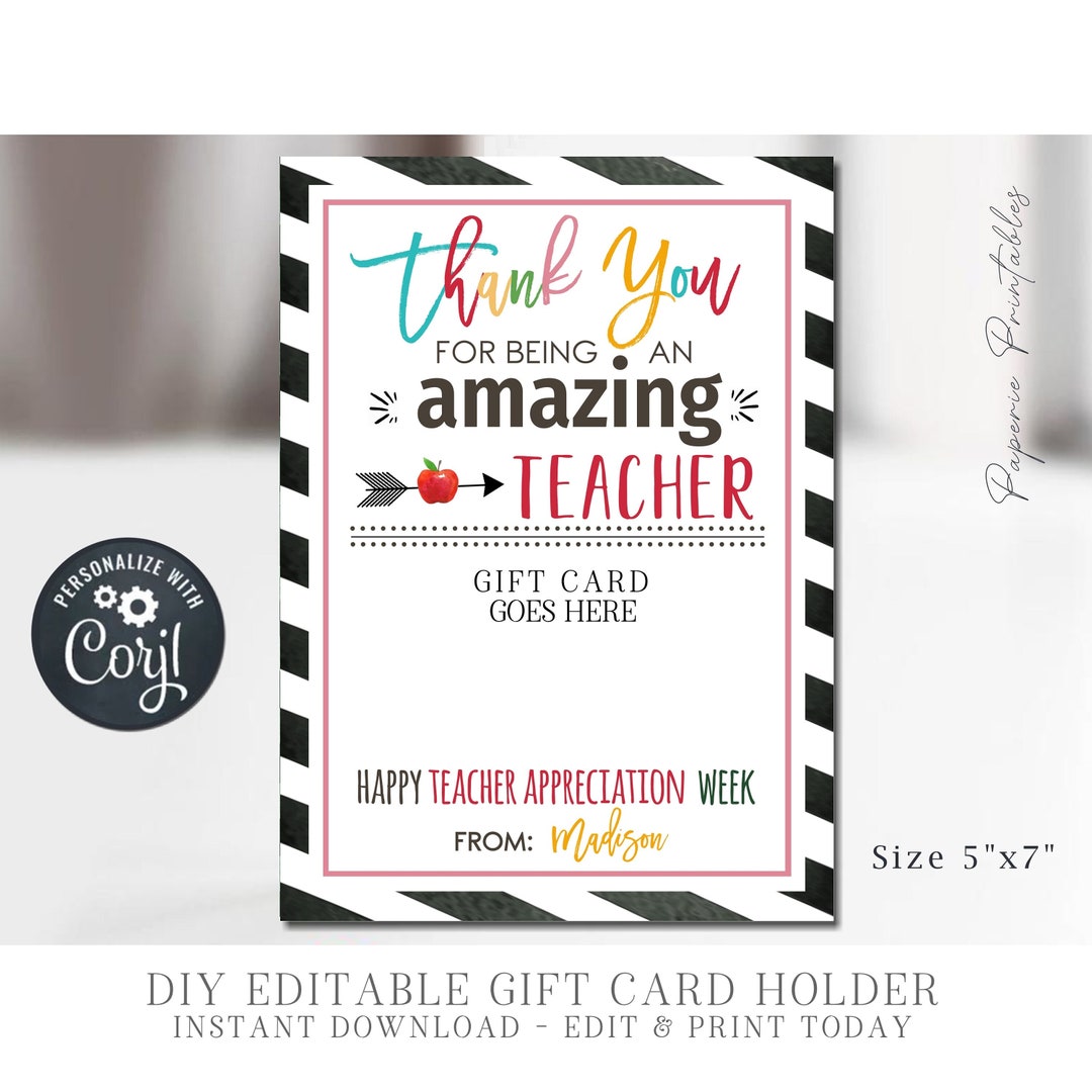 EDITABLE Teacher Appreciation Gift Card Holder, Thanks for Being an ...