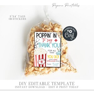 EDITABLE Popcorn Nurse Appreciation Gift Tag, Nurse Appreciation Tag ...