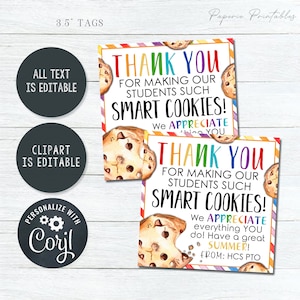 EDITABLE End of School Cookie Teacher Gift Tag, Thank You Teacher ...