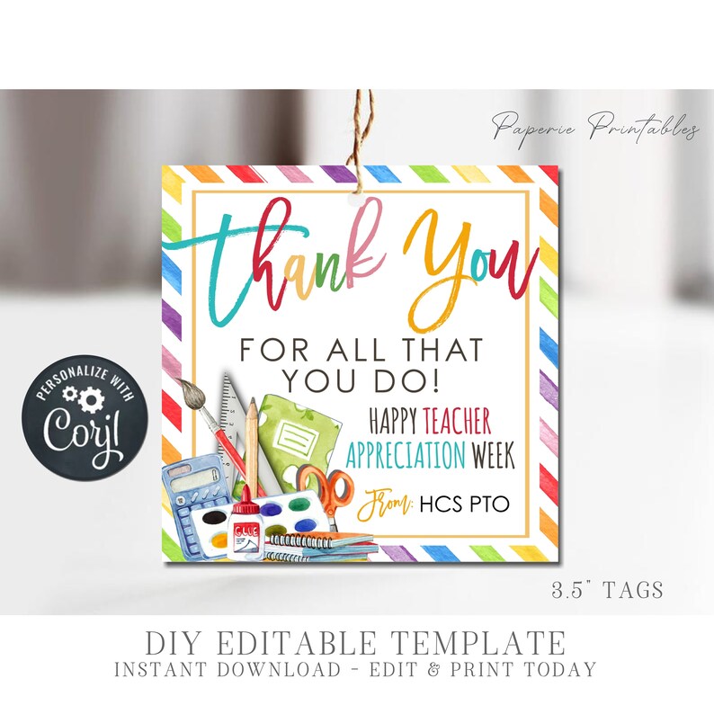 EDITABLE Teacher Appreciation Gift Tag Teacher Appreciation - Etsy