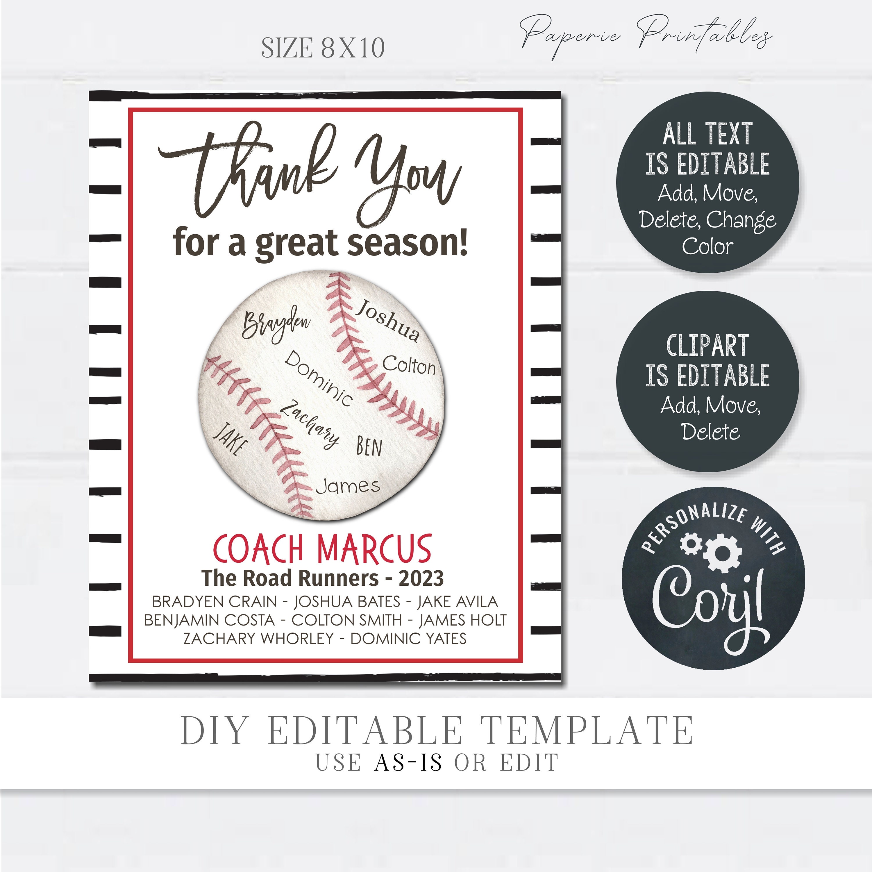 Editable Baseball Coach Gift Printable: Team Appreciation (DIY Corjl ...