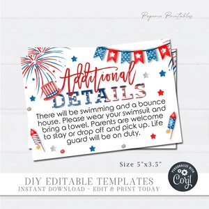 Editable 4th of July Birthday Insert Cards, Additional Details Template ...