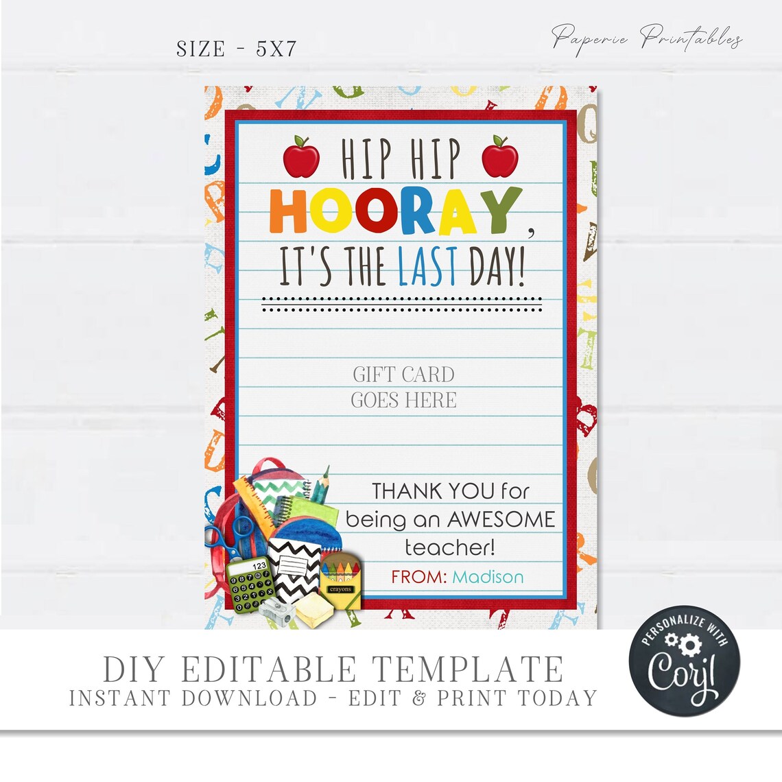 EDITABLE Last Day of School Teacher Gift Tag, Teacher Appreciation Gift ...