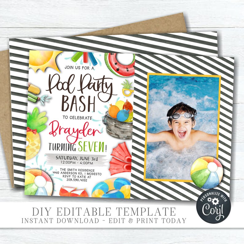EDITABLE Boy Pool Party Birthday Invitation Pool Party - Etsy