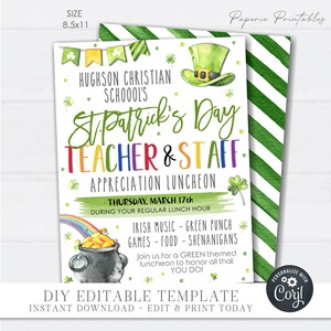 Editable St. Patrick's Day Teacher Appreciation Luncheon Flyer (digital ...