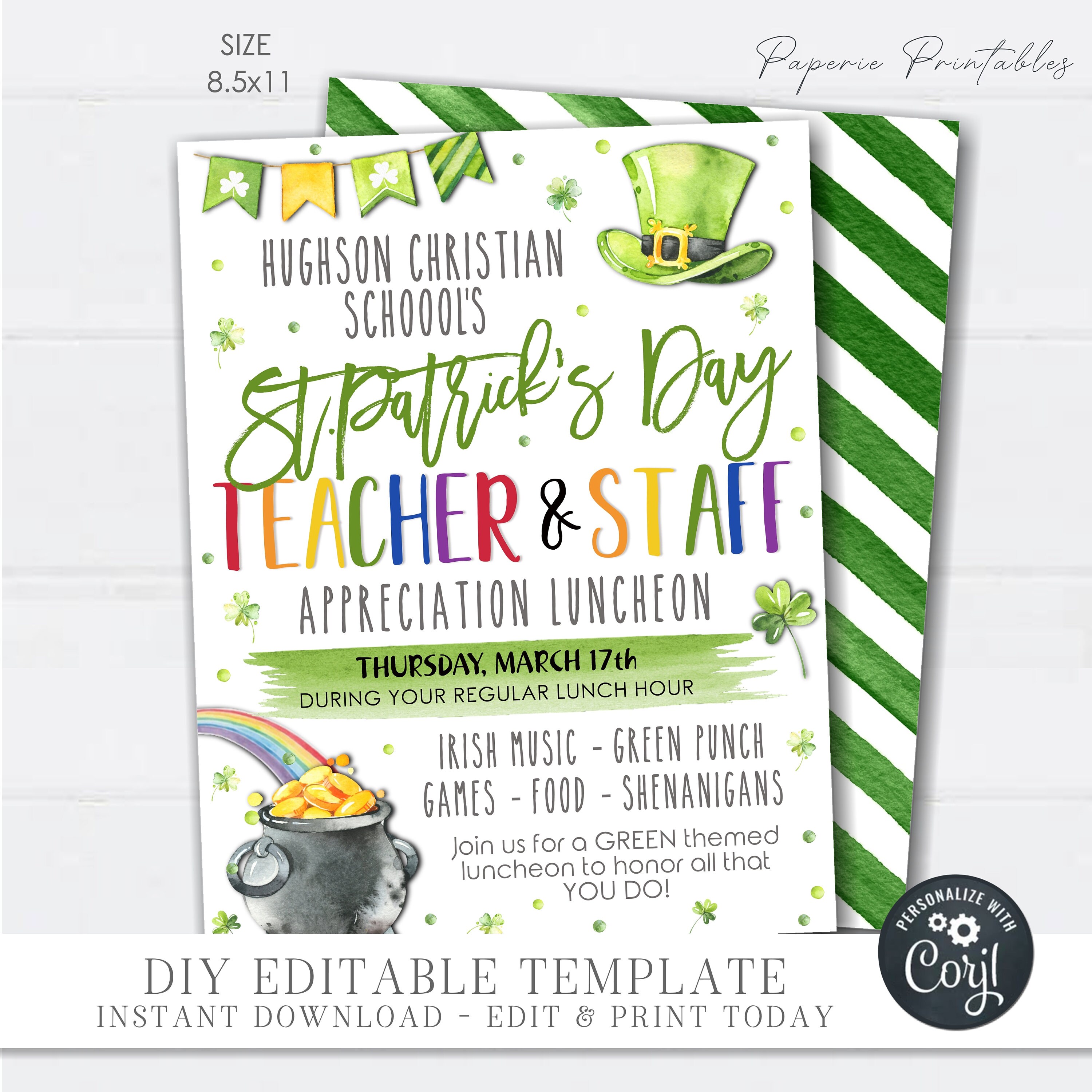Editable St. Patrick's Day Teacher Appreciation Luncheon Flyer (digital ...
