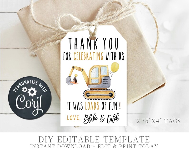 EDITABLE Construction Birthday Party Favor Tags DIY Party - Etsy