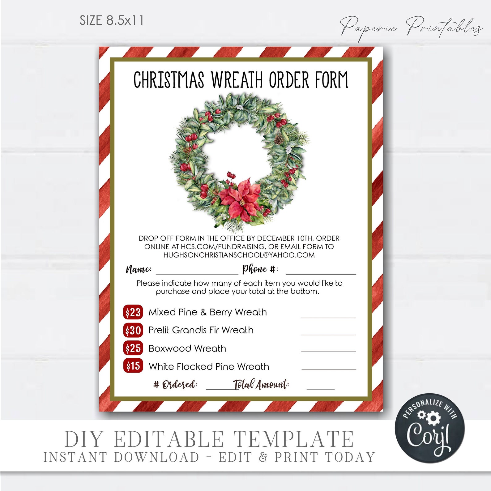 EDITABLE Christmas Wreath Fundraising Order Form Wreath Sale - Etsy