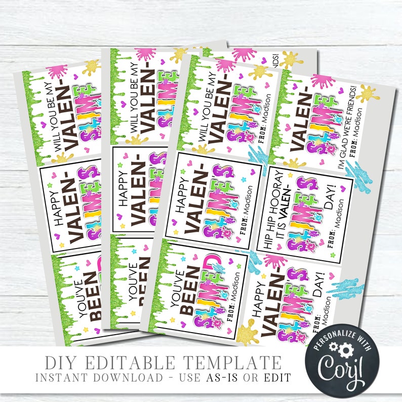 Editable Slime Valentine Cards: Kid's Printable Tags (DIY Corjl) - Etsy