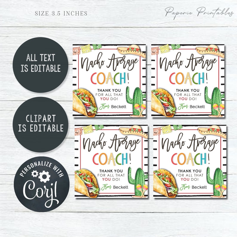 EDITABLE Nacho Average Coach Appreciation Gift Tag Taco Coach - Etsy
