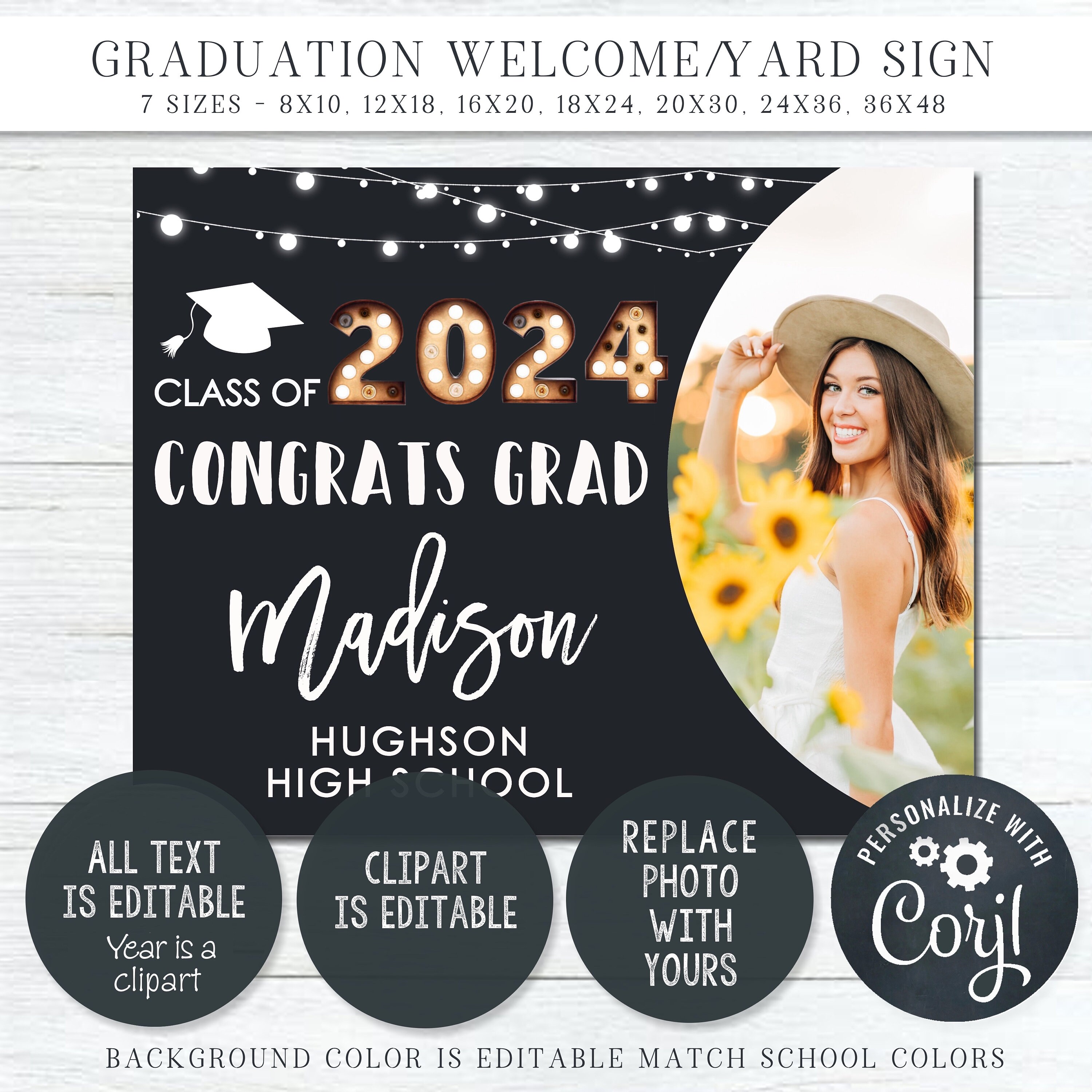 Editable Graduation Yard Sign: Class of 2024, Photo Option (DIY Corjl ...
