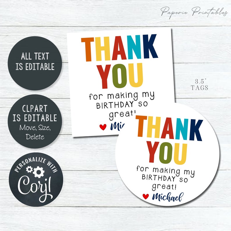 Editable Thank You Tag Birthday Party Favor Tag Primary - Etsy
