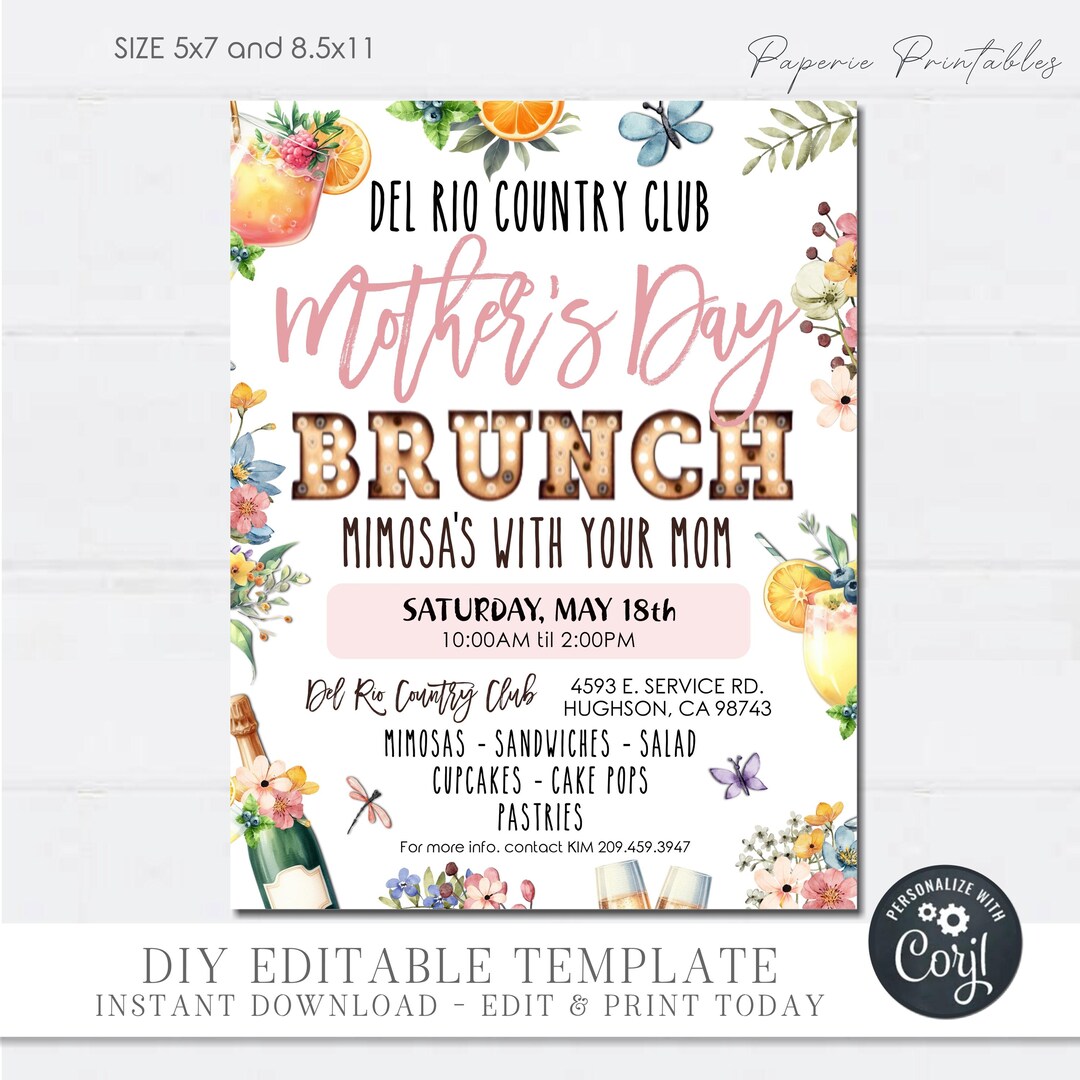 EDITABLE Mother's Day Brunch Flyer, Mother's Day Mimosa Flyer, Mimosas ...