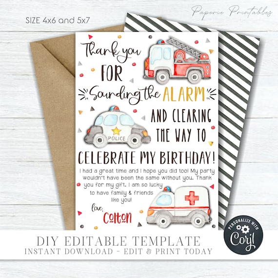 EDITABLE First Responders Birthday Thank You Card First - Etsy